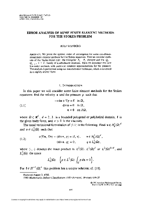 Pdf Error Analysis Of Some Finite Element Methods For The Stokes Problem Rolf Stenberg