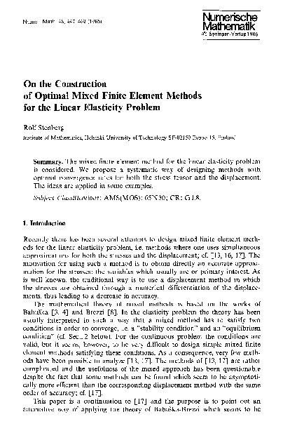 Pdf On The Construction Of Optimal Mixed Finite Element Methods For The Linear Elasticity Problem