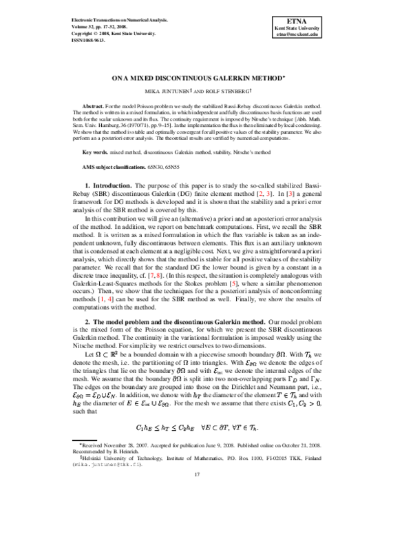 (PDF) On a mixed discontinuous Galerkin method | Rolf Stenberg ...