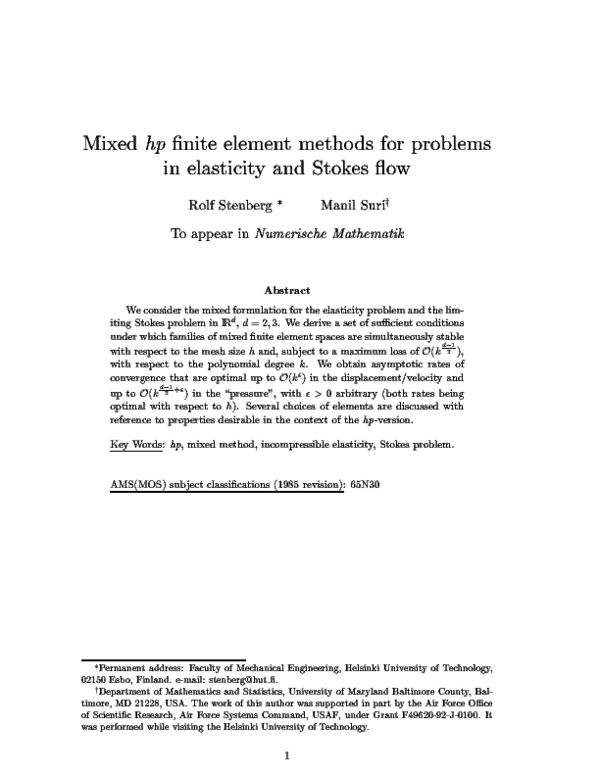 Pdf Mixed Finite Element Methods For Problems In Elasticity And
