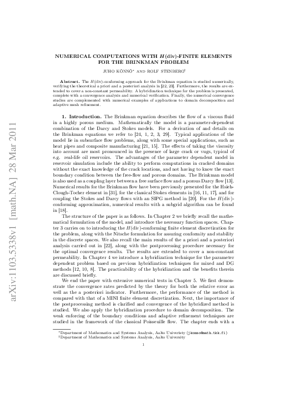 (PDF) Numerical computations with H(div)-finite elements for the Brinkman problem