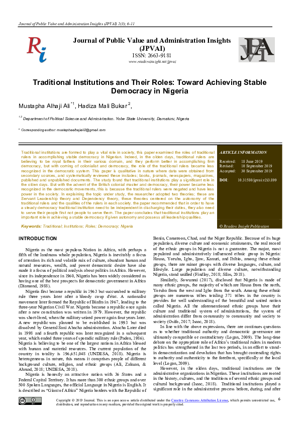 (PDF) Traditional Institutions and Their Roles: Toward Achieving Stable ...