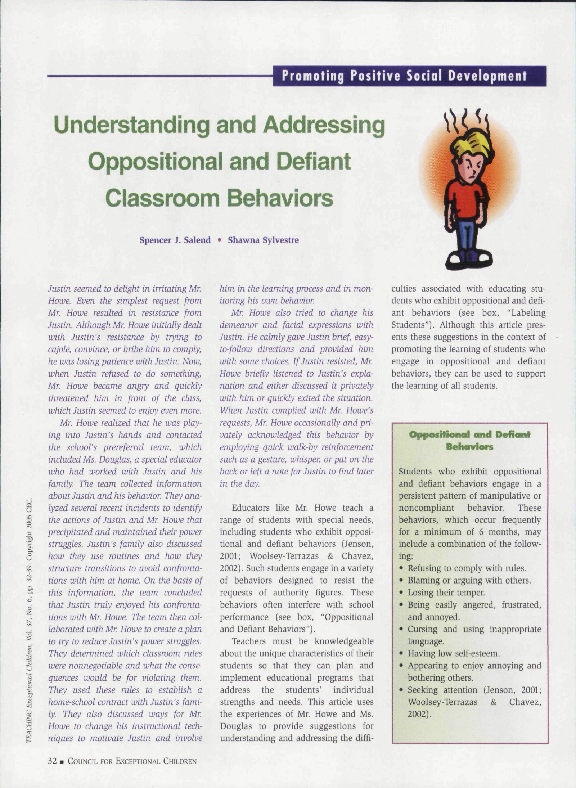 (PDF) Understanding and Addressing Oppositional and Defiant Classroom ...