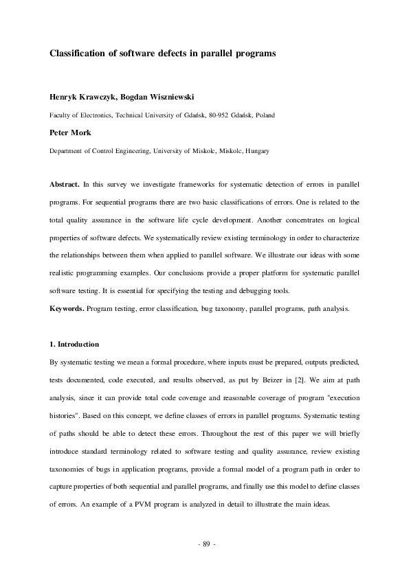 Pdf Classification Of Software Defects In Parallel Programs 0237