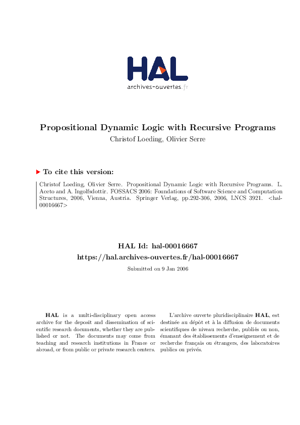 Pdf Propositional Dynamic Logic With Recursive Programs