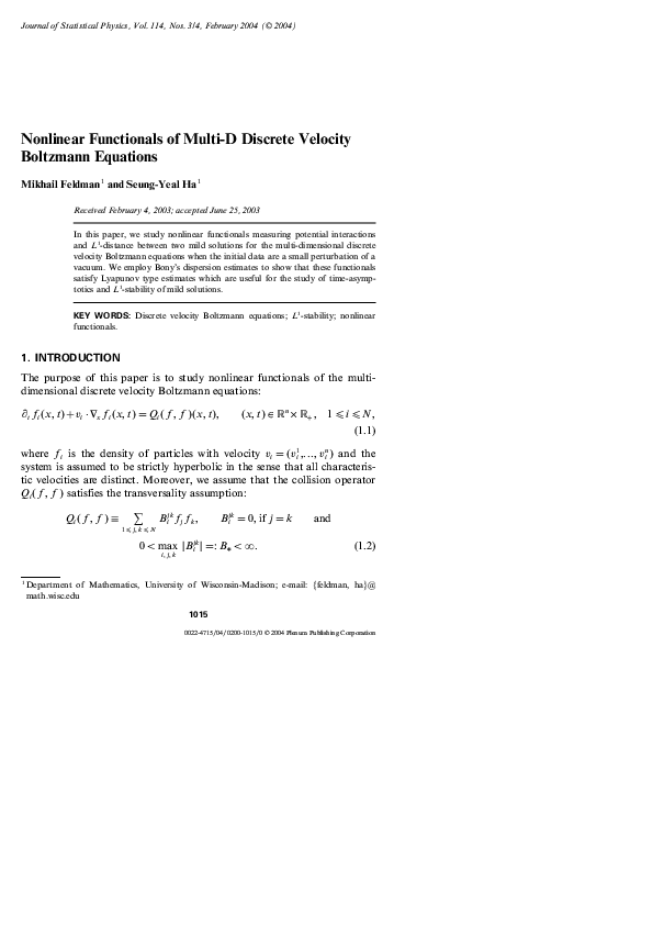 (PDF) Nonlinear Functionals of Multi-D Discrete Velocity Boltzmann Equations