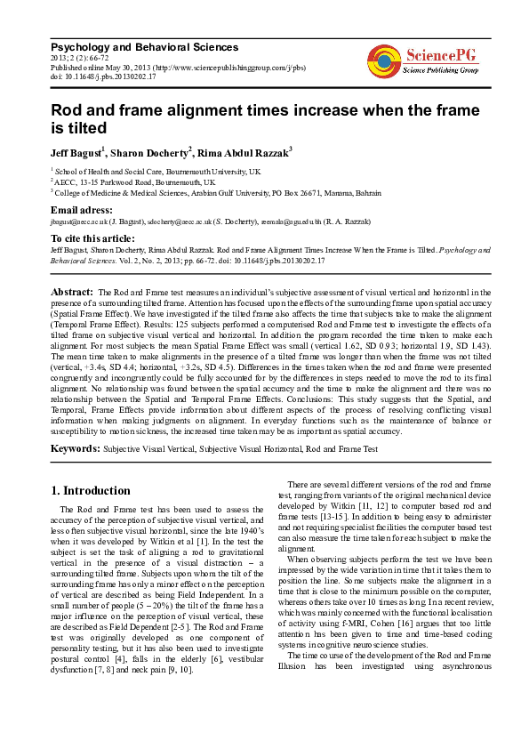 (PDF) Rod and Frame Alignment Times Increase When the Frame is Tilted