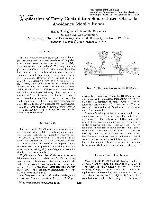 (PDF) Application of fuzzy control to a sonar-based obstacle avoidance mobile robot