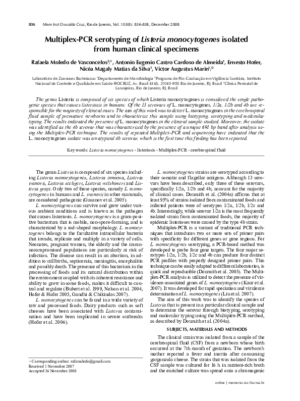 (PDF) Multiplex-PCR Serotyping of Listeria Monocytogenes Isolated From ...