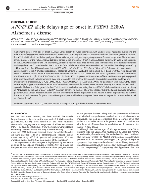 (PDF) APOE*E2 allele delays age of onset in PSEN1 E280A Alzheimer’s disease