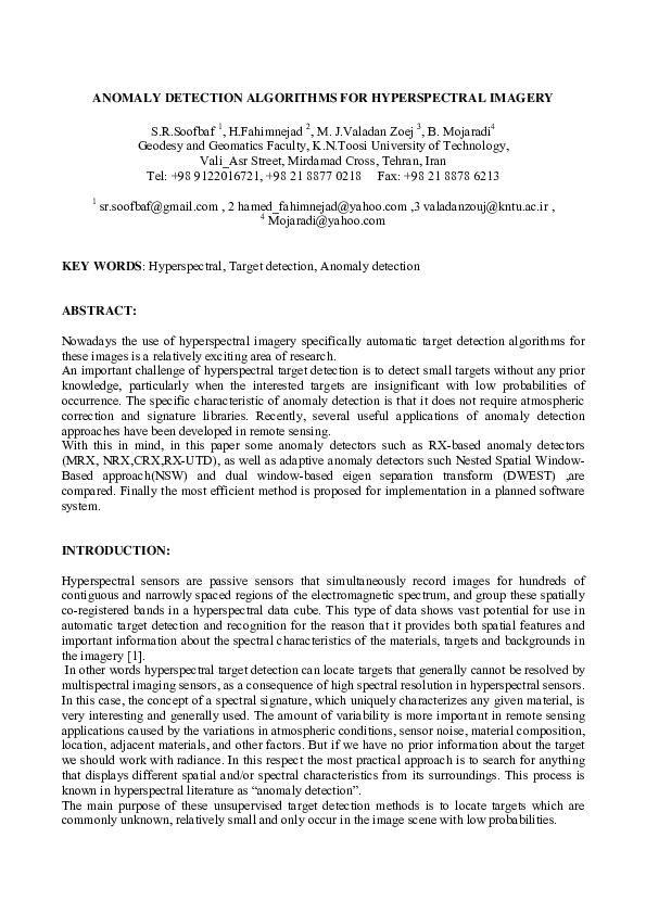 (PDF) Anomaly Detection Algorithms for Hyperspectral Imagery