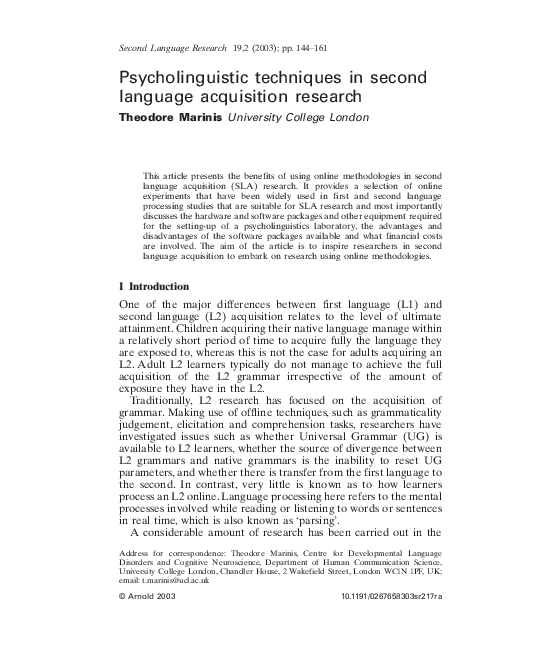 (PDF) Psycholinguistic techniques in second language acquisition research