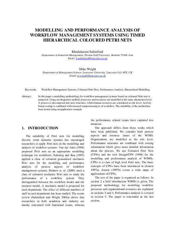 (PDF) Modelling And Performance Analysis Of Workflow Management Systems Using Timed Hierarchical ...