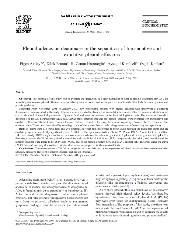 (PDF) Pleural adenosine deaminase in the separation of transudative and ...
