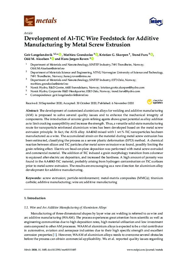 (PDF) Development of Al-TiC Wire Feedstock for Additive Manufacturing ...