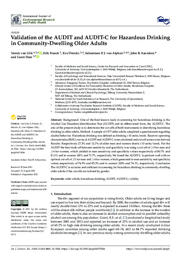 (PDF) Validation of the AUDIT and AUDIT-C for Hazardous Drinking in ...