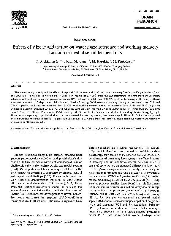 (PDF) Effects of Alzene and tacrine on water maze reference and working ...