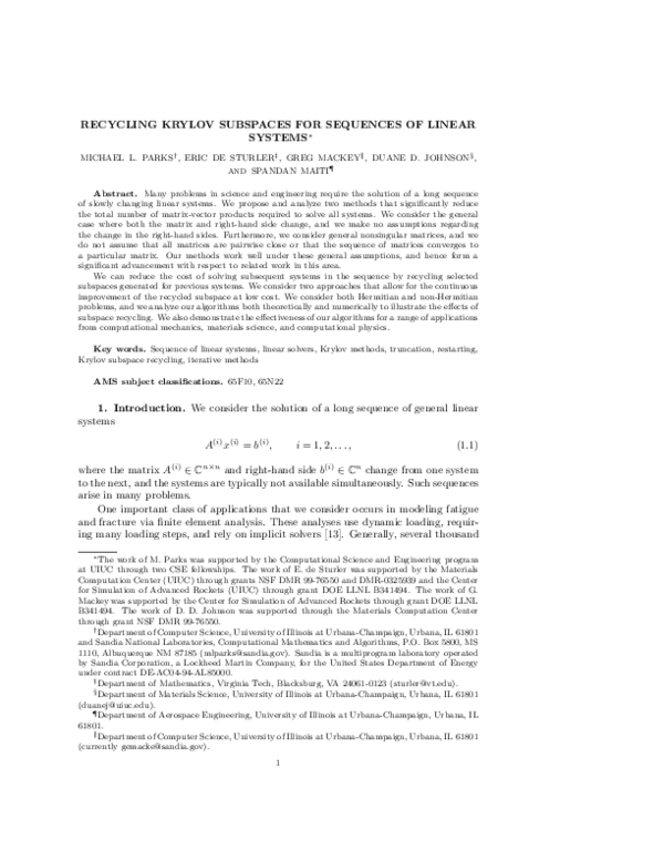 Pdf Recycling Krylov Subspaces For Sequences Of Linear Systems