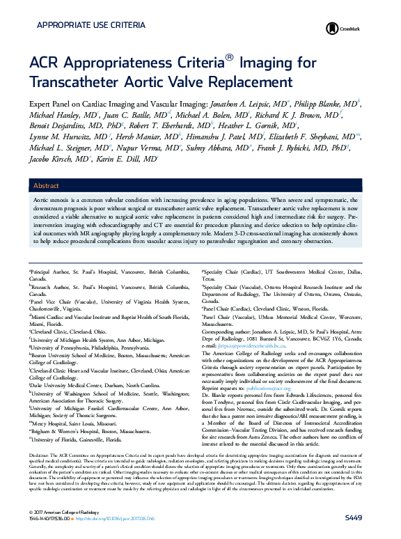(PDF) ACR appropriateness criteria imaging for transcatheter aortic ...