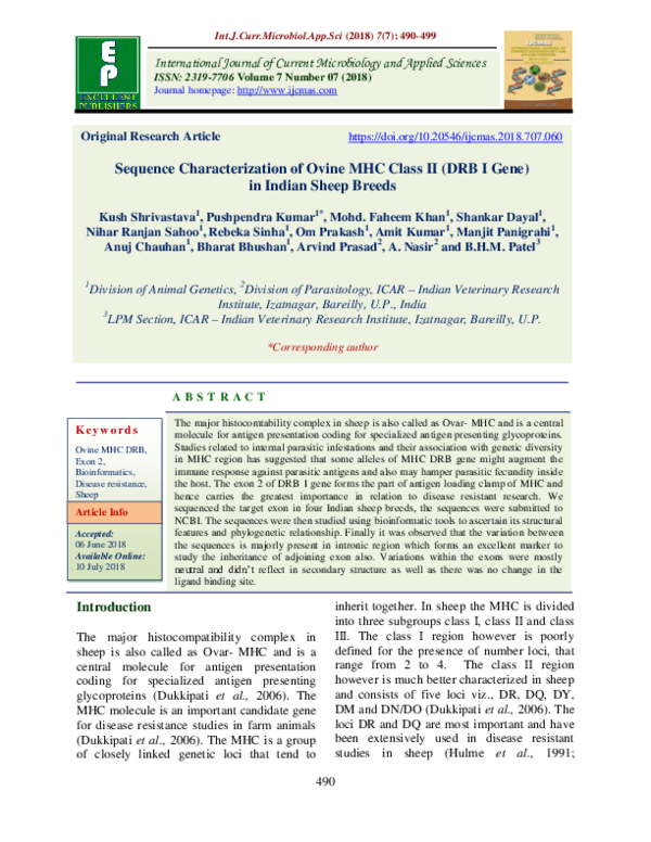 (PDF) Sequence Characterization of Ovine MHC Class II (DRB I Gene) in ...