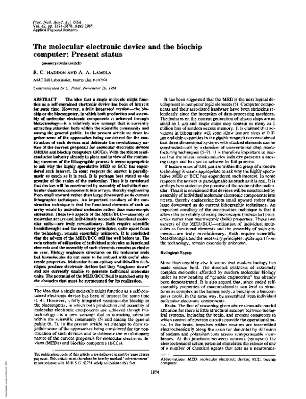 (PDF) The molecular electronic device and the biochip computer: present ...