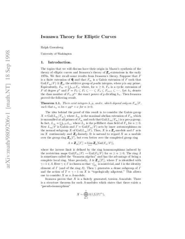 (PDF) Iwasawa theory for elliptic curves