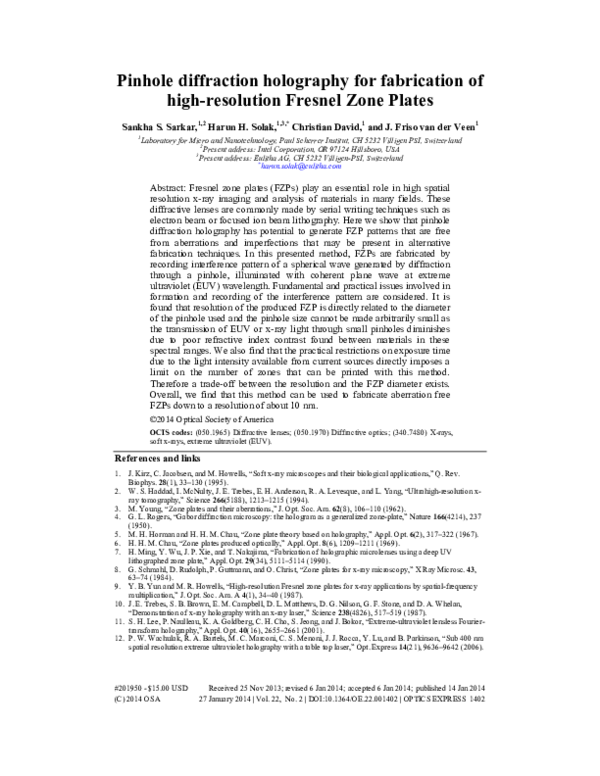 Pinhole diffraction holography for fabrication of high-resolution ...