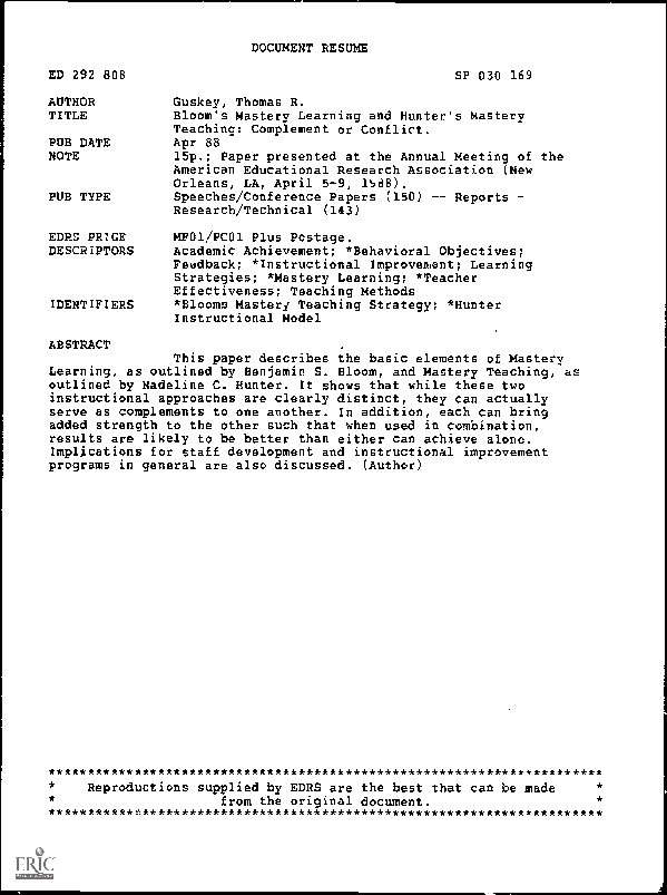 (PDF) Bloom's Mastery Learning and Hunter's Mastery Teaching ...