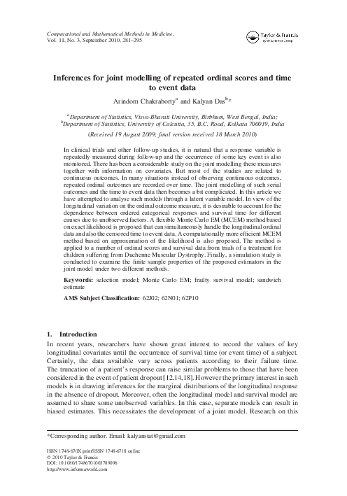 Pdf Inferences For Joint Modelling Of Repeated Ordinal Scores And Time To Event Data