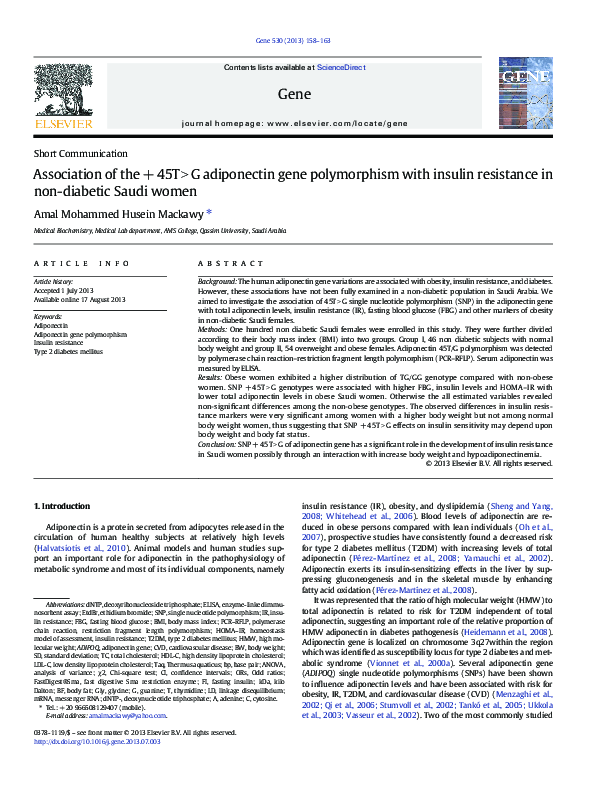 (PDF) Association of the +45T>G adiponectin gene polymorphism with insulin resistance in non ...