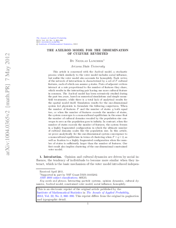 (PDF) The Axelrod model for the dissemination of culture revisited