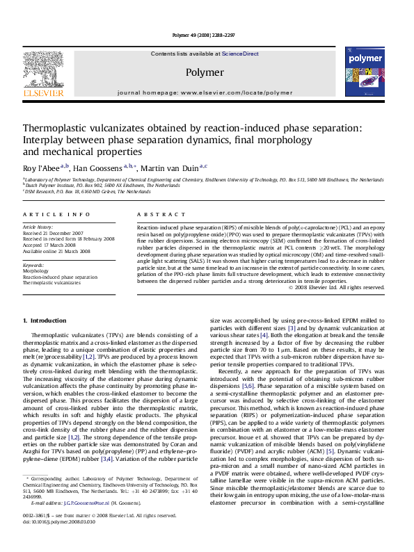(PDF) Thermoplastic vulcanizates obtained by reaction-induced phase ...