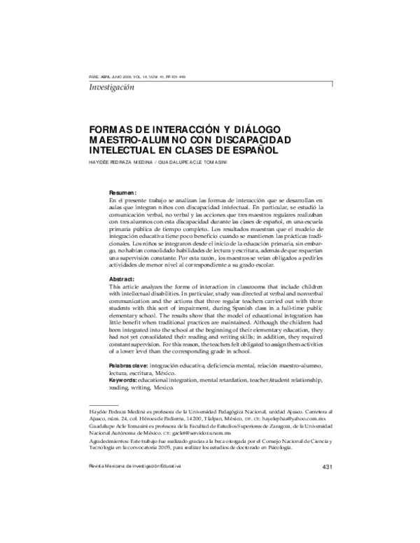 (PDF) Formas De Interacci n y Di logo Maestro-Alumno Con Discapacidad Intelectual en Clases De ...