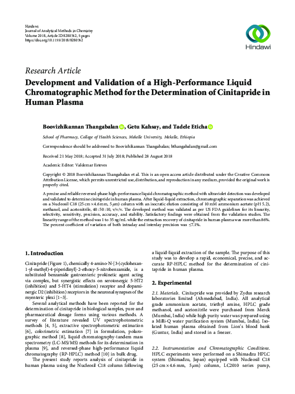 Pdf Development And Validation Of High Performance Liquid Chromatographic Method For The