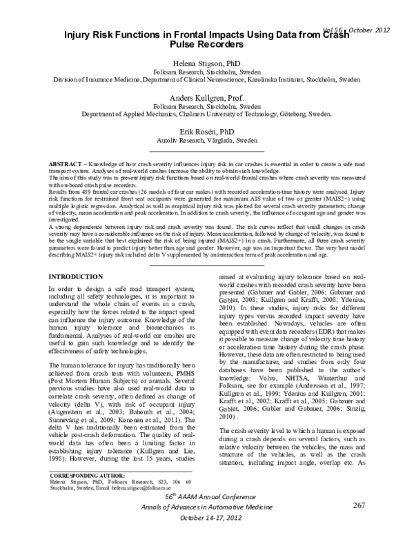 (PDF) Injury risk functions in frontal impacts using data from crash ...