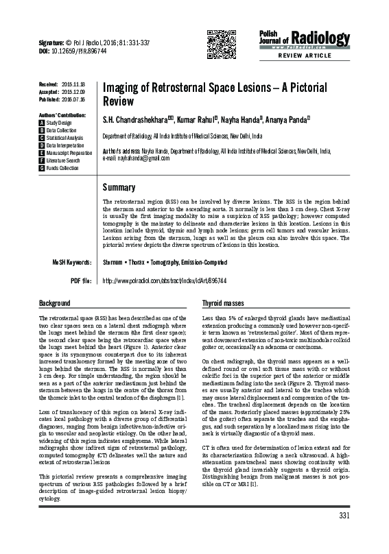(PDF) Imaging of Retrosternal Space Lesions – A Pictorial Review