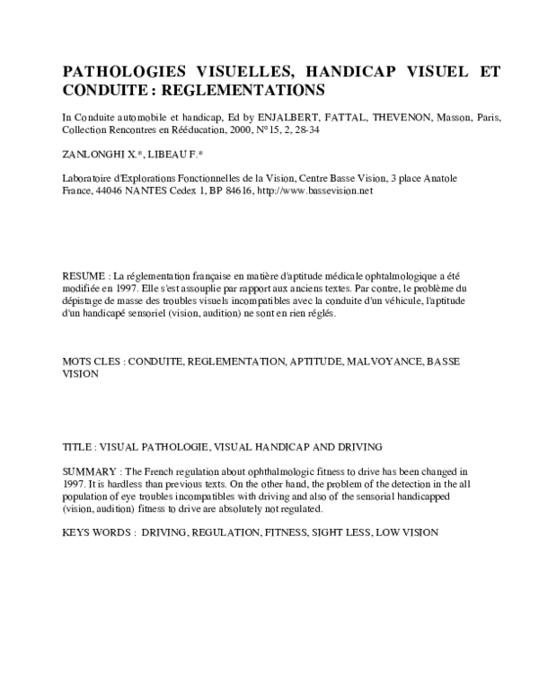 (PDF) Pathologies visuelles, handicap visuel et conduite : réglementation