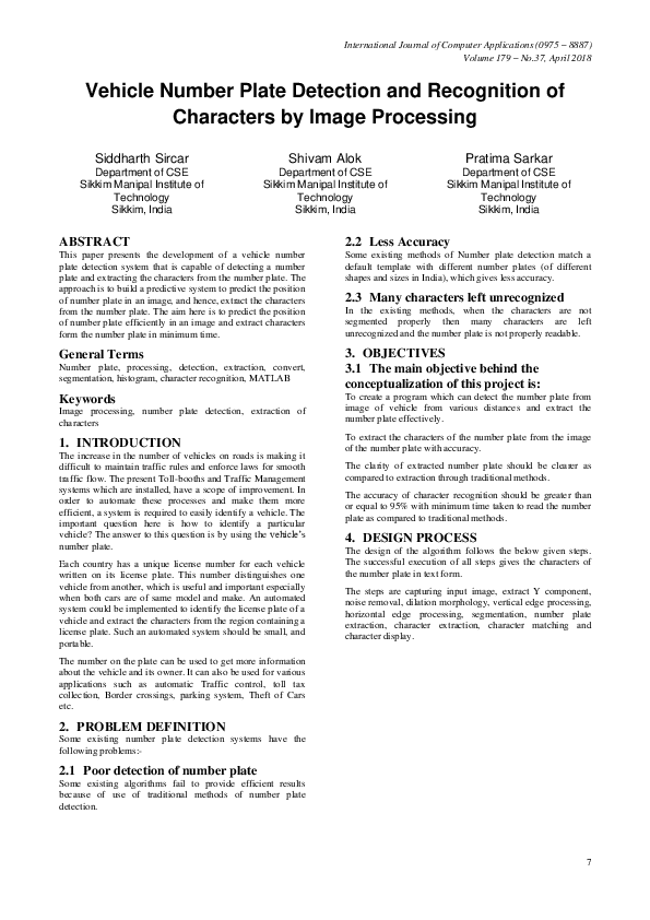 Pdf Vehicle Number Plate Detection And Recognition Of Characters By Image Processing