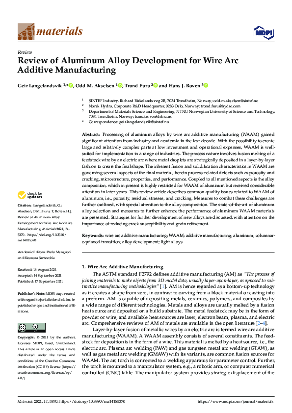 (PDF) Review of Aluminum Alloy Development for Wire Arc Additive ...