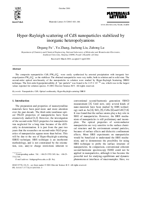 (PDF) Hyper-Rayleigh Scattering of CdS Nanoparticles with Different Surfaces