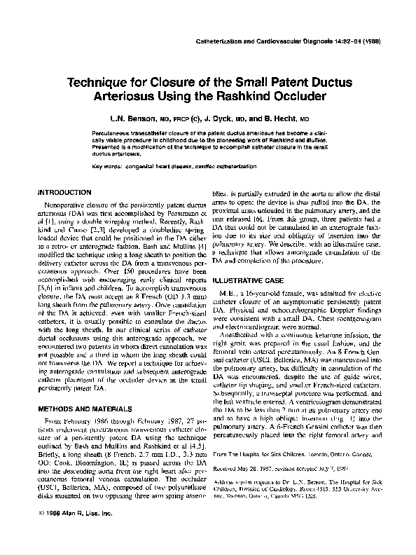 (PDF) Technique for closure of the small patent ductus arteriosus using ...