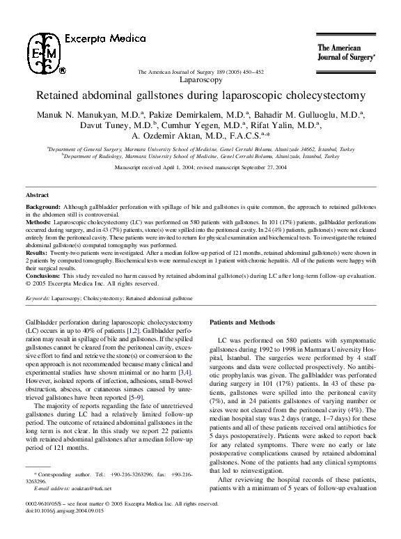 (PDF) Retained abdominal gallstones during laparoscopic cholecystectomy