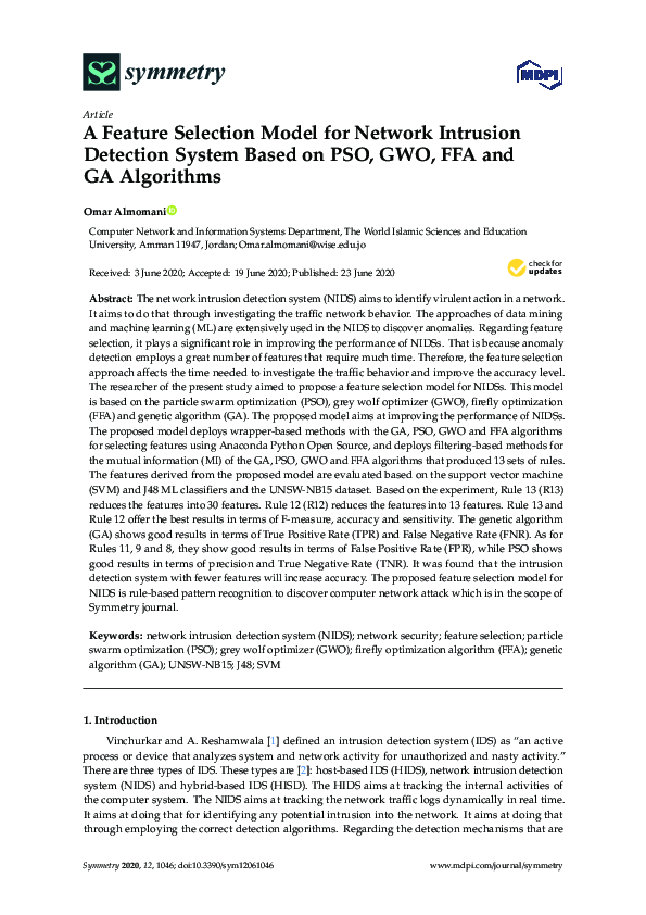 Pdf A Feature Selection Model For Network Intrusion Detection System Based On Pso Gwo Ffa