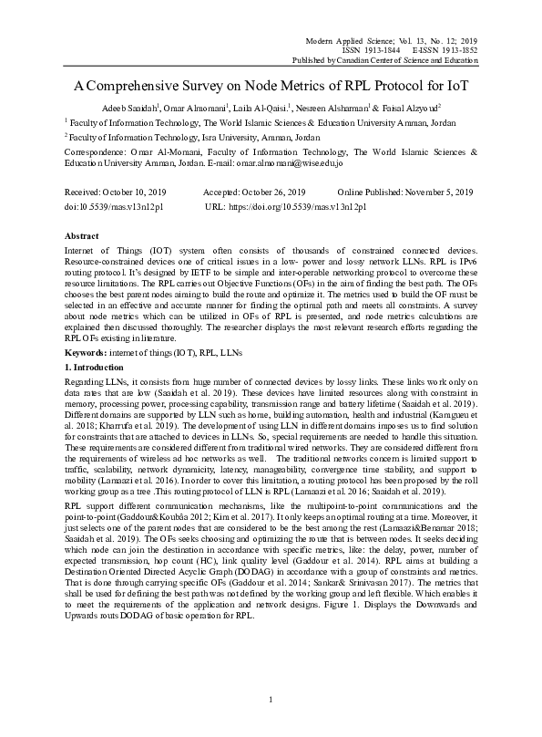 (PDF) A Comprehensive Survey on Node Metrics of RPL Protocol for IoT (PDF) A Comprehensive Survey on Node Metrics of RPL Protocol for IoT