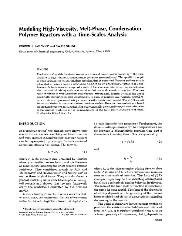 (PDF) Modeling high-viscosity, melt-phase, condensation polymer reactors with a time-scales ...