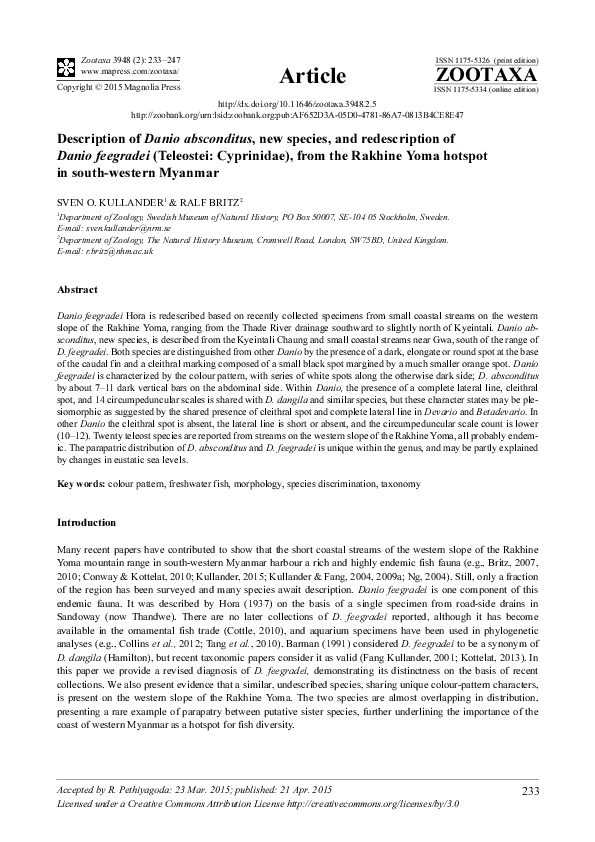 (PDF) Description of Danio absconditus , new species, and redescription ...