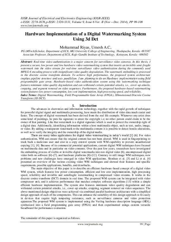 (PDF) Hardware Implementation of a Digital Watermarking System Using 3d Dct