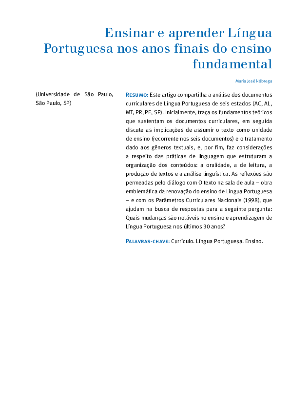 (PDF) Ensinar e aprender Língua Portuguesa nos anos finais do ensino fundamental
