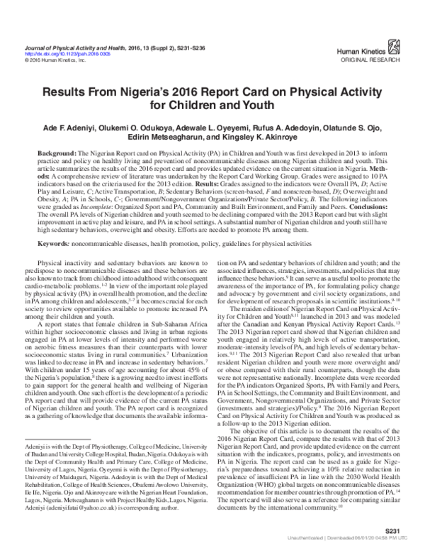 (PDF) Results From Nigeria’s 2016 Report Card on Physical Activity for ...