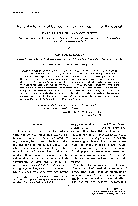 (PDF) Early photometry of comet p/Halley: Development of the Coma